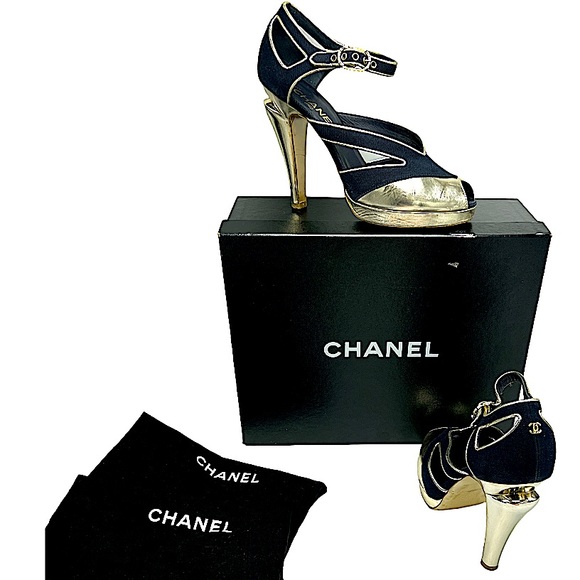 CHANEL | Shoes | Chanel Peep Toe Navy Gold 7s Style Ankle Strap Heels ...
